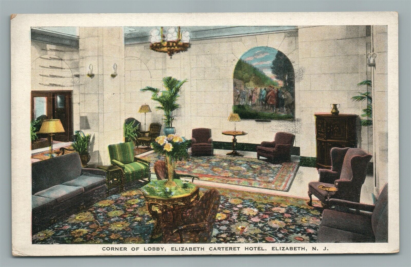 ELIZABETH N CARTERET HOTEL LOBBY ANTIQUE POSTCARD – Motka